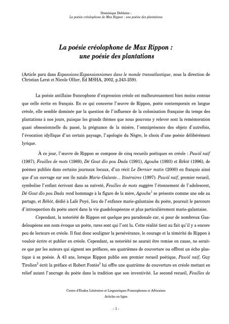 La poésie créolophone de Max Rippon : une poésie des ... - MSHA
