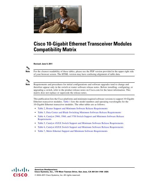Cisco 10-Gigabit Ethernet Transceiver Modules Compatibility Matrix