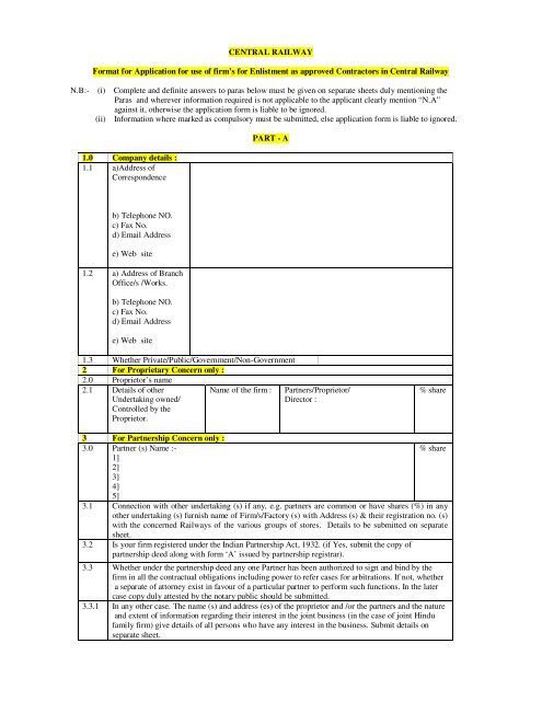 CENTRAL RAILWAY Format for Application for use of firm's for ...