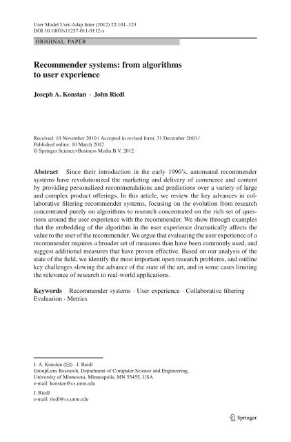 Recommender Systems From Algorithms To User Experience