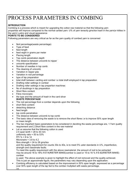 PROCESS PARAMETERS IN COMBING - Cotton Yarn Market