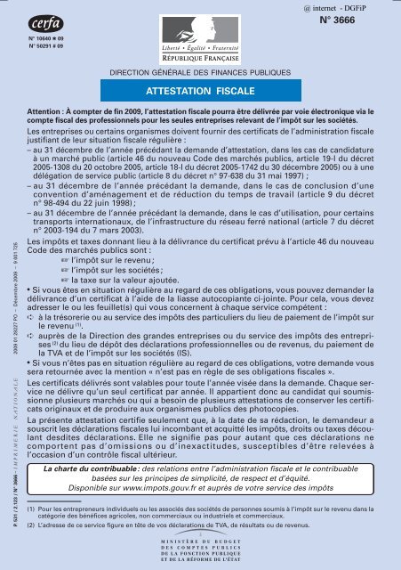 Liasse 3666 - Attestation fiscale (formulaire n°3666) - Marchés publics