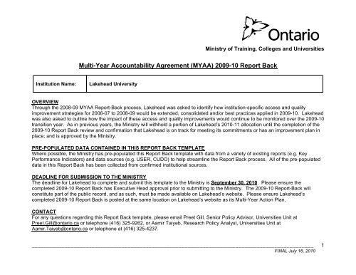 Multi-Year Accountability Agreement (MYAA) - Lakehead University