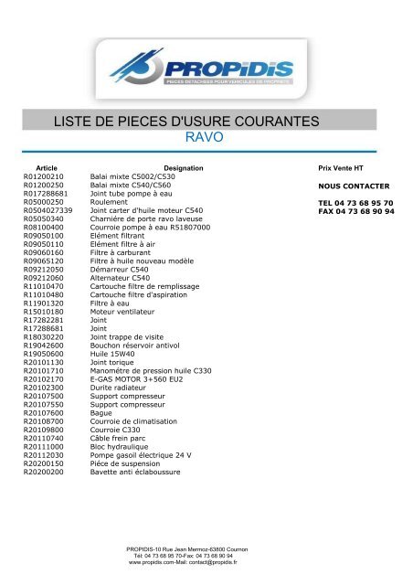 LISTE DE PIECES D'USURE COURANTES RAVO - CYLEX-France ...