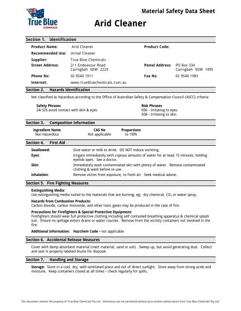 True Blue - Arid Cleaner - msds