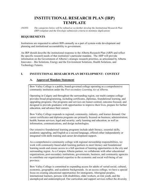 institutional research plan (irp) template - Bow Valley College
