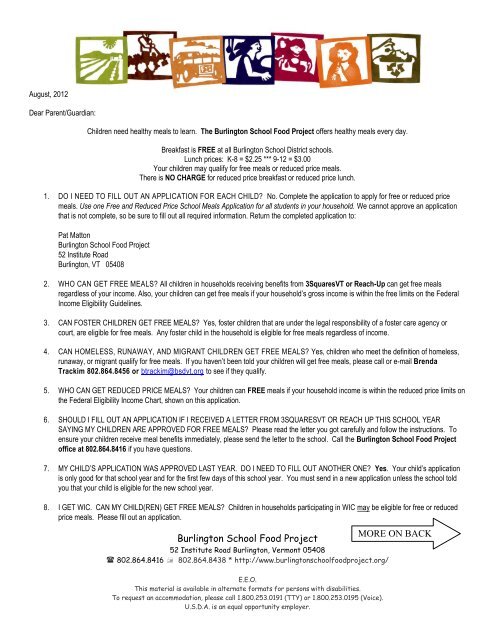 Free and Reduced Lunch Information Letter - Burlington School ...