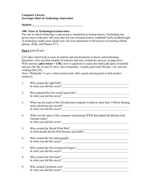 Computer Literacy Scavenger Hunt on Technology Innovation ...