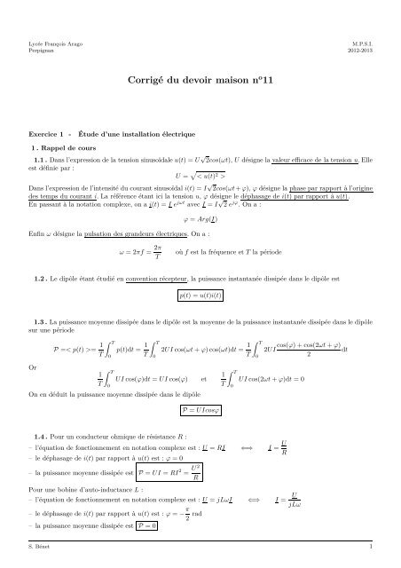 Corrigé du devoir maison n 11 - Mpsi-benet.net