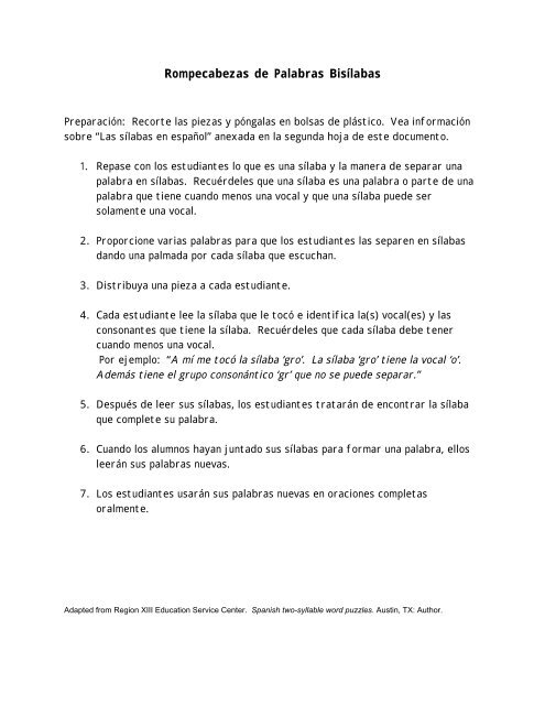 Rompecabezas de Palabras Bisilabas - Building RTI