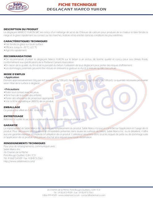 FICHE TECHNIQUE DÉGLAÇANT MARCO YUKON - Sable Marco Inc.