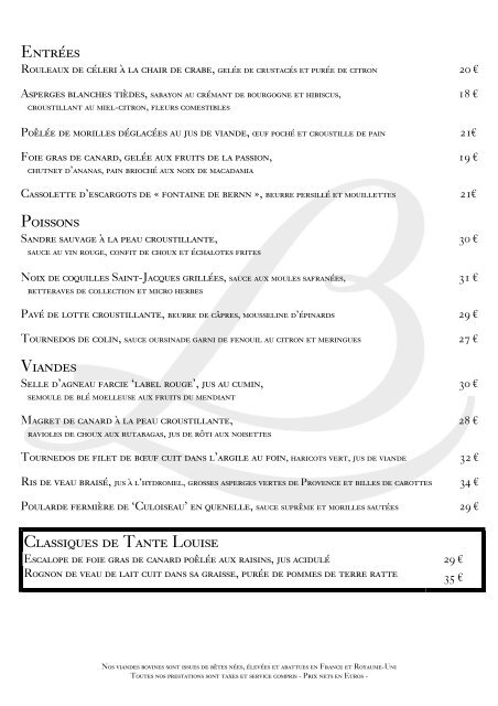 La carte et les menus du dîner - Bernard Loiseau