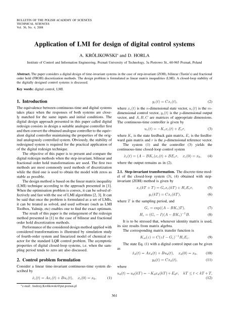 Application of LMI for design of digital control systems