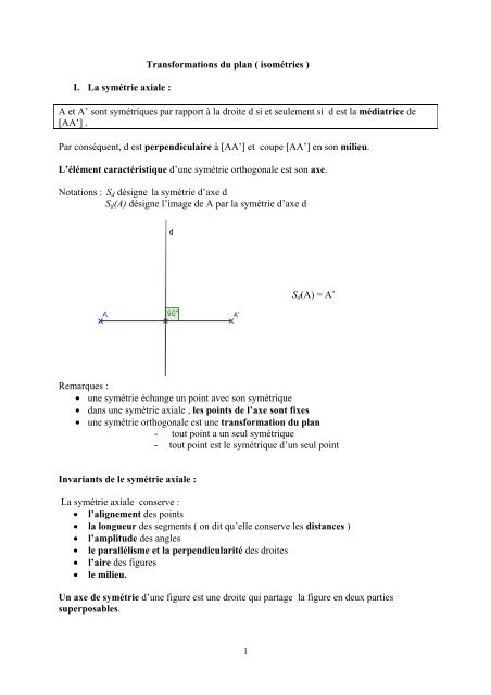 Transformations du plan ( isométries ) I. La symétrie axiale : A et A ...