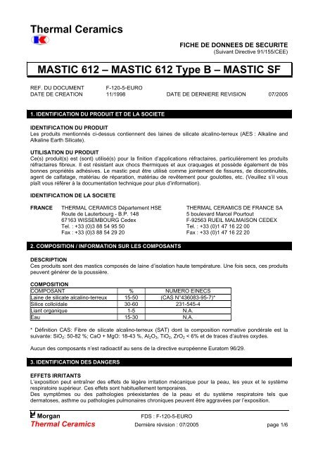 Thermal Ceramics MASTIC 612 – MASTIC 612 Type B – MASTIC SF