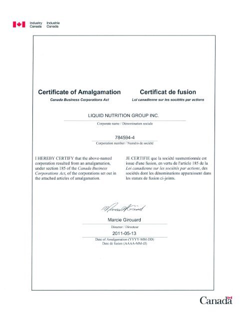 Certificate of Amalgamation Certificat de fusion