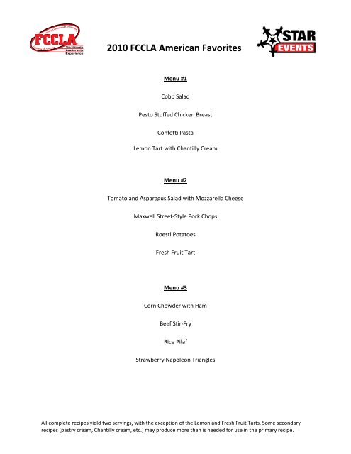 2010 FCCLA Menus
