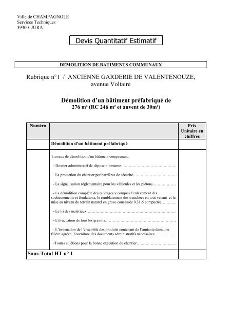 Devis Estimatif Quantitatif - Ville de Champagnole