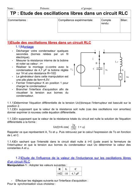 TP : Etude des oscillations libres dans un circuit RLC