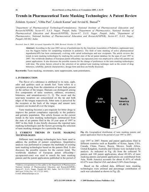 Trends in Pharmaceutical Taste Masking ... - Bentham Science