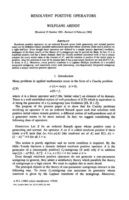 RESOLVENT POSITIVE OPERATORS WOLFGANG ARENDT