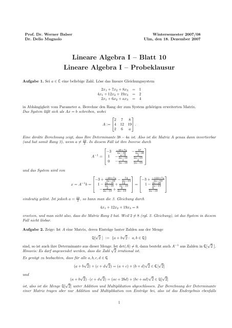 Lineare Algebra I ? Blatt 10 Lineare Algebra I ? Probeklausur