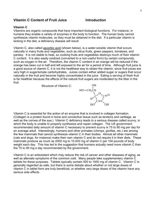 Experiment 6: Vitamin C Content of Fruit Juice