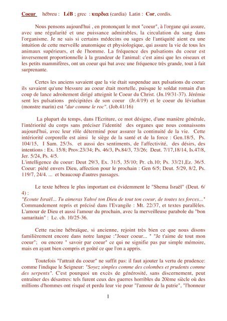 1 Coeur hébreu : LéB ; grec : καρδια (cardia) Latin : Cor, cordis ...