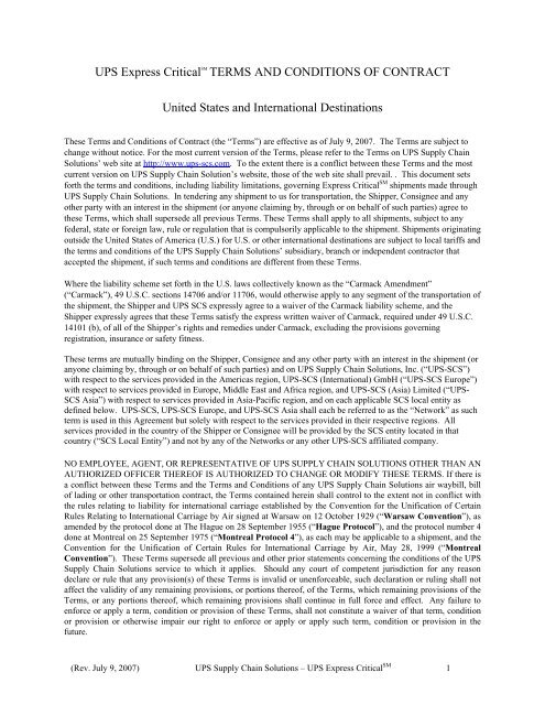 UPS Express CriticalSM TERMS AND ... - UPS Supply Chain Solutions