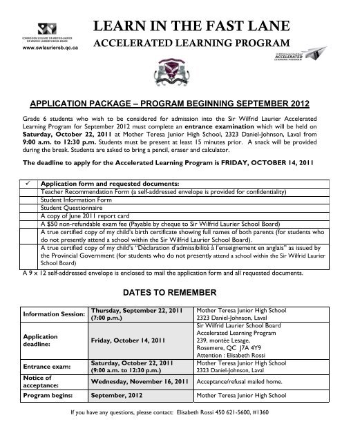 LEARN IN THE FAST LANE - Sir Wilfrid Laurier School Board