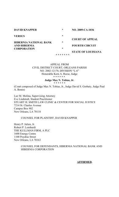 david knapper versus hibernia national bank and ... - LawMemo