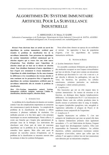 Algorithmes Du Systeme Immunitaire Artificiel Pour La Surveillance 