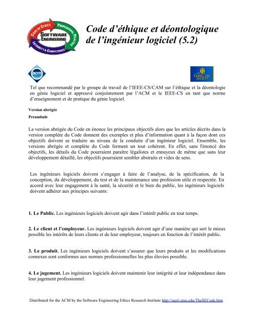 Code d'éthique et déontologique de l'ingénieur logiciel - Software ...
