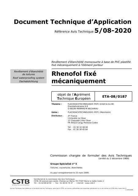 Document Technique d'Application Rhenofol fixé ... - 3T France