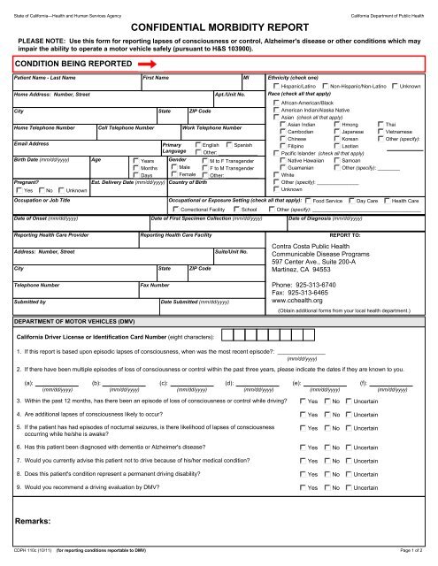 CONFIDENTIAL MORBIDITY REPORT - Contra Costa Health Services