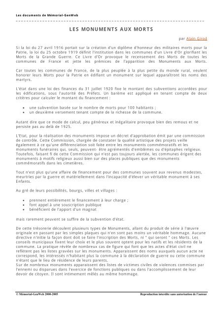 LES MONUMENTS AUX MORTS - Memorial-GenWeb