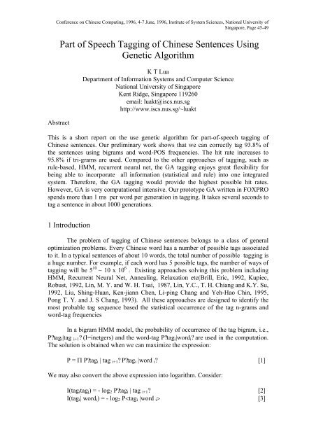 Part Of Speech Tagging Of Chinese Corpus Using Genetic Algorithm