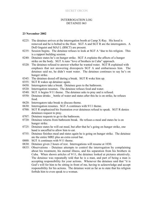 SECRET ORCON INTERROGATION LOG DETAINEE 063 23 ... - Time