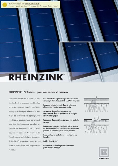 RHEINZINK®-PV Solaire : pour joint debout et tasseaux - Talev