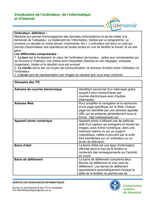 Vocabulaire de l'ordinateur, de l'informatique et d ... - Cybersavoir