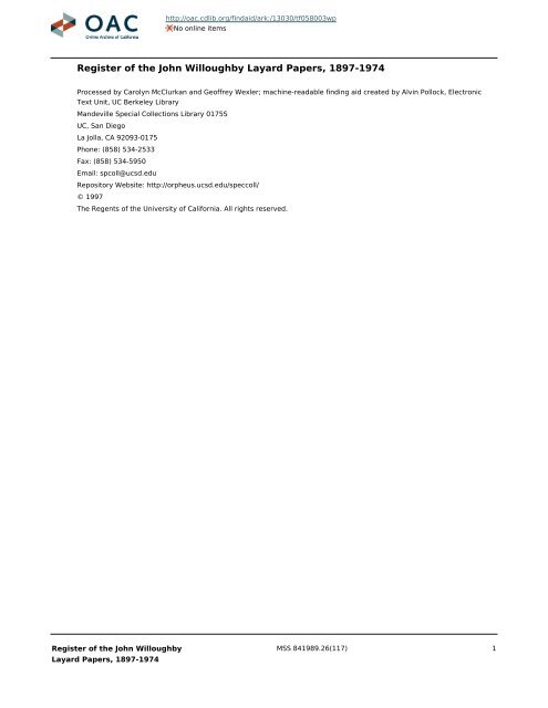 John Willoughby Layard Papers - Calisphere