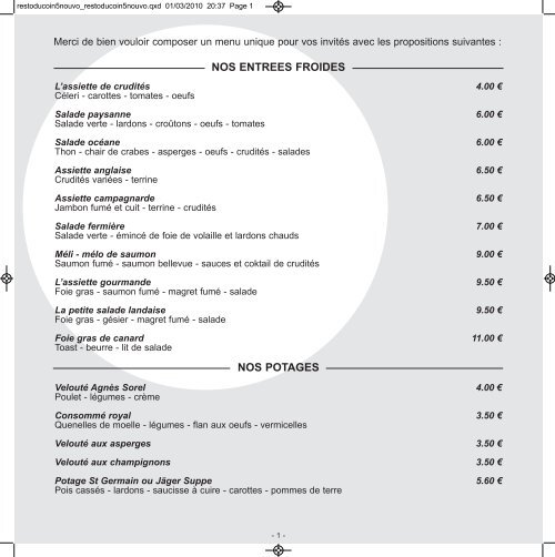 NOS ENTREES FROIDES NOS POTAGES - Restaurant du Coin