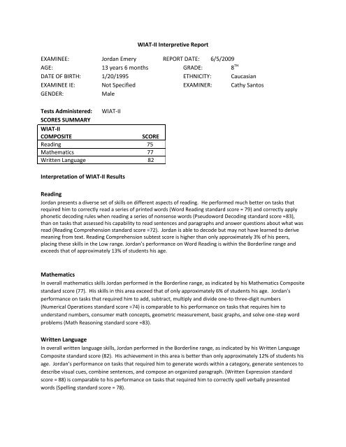 WIAT-II Interpretive Report EXAMINEE: Jordan Emery REPORT ...