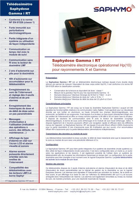 Fiche produit Télédosimètre Saphydose Gamma i RT - Saphymo
