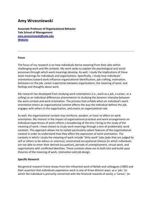 Amy Wrzesniewski - Center for Positive Organizational Scholarship