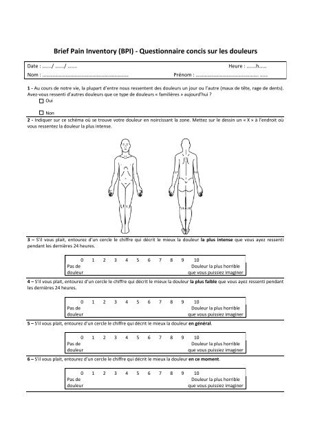 Brief Pain Inventory (BPI) - Questionnaire concis sur les douleurs