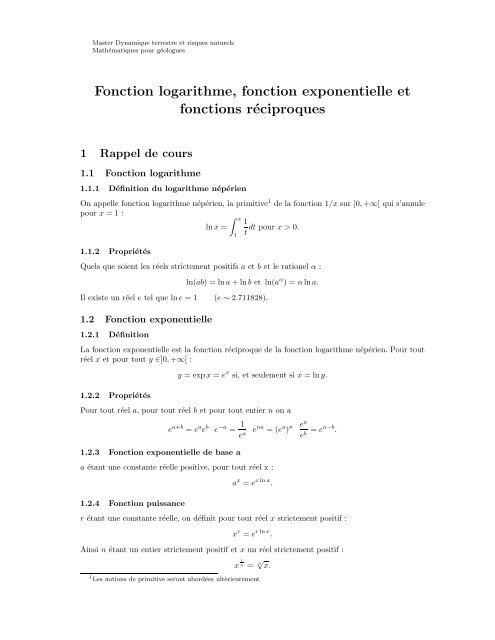 Fonction logarithme, fonction exponentielle et fonctions réciproques