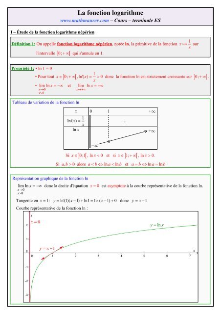 Cours de maths - Terminale ES - Fonction logarithme