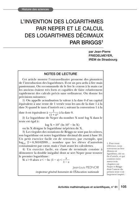 L'INVENTION DES LOGARITHMES PAR NEPER ET LE CALCUL ...