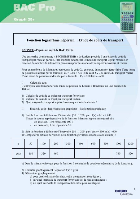 Exo12 Fonction Logarithme Népérien Etude De Casio Education